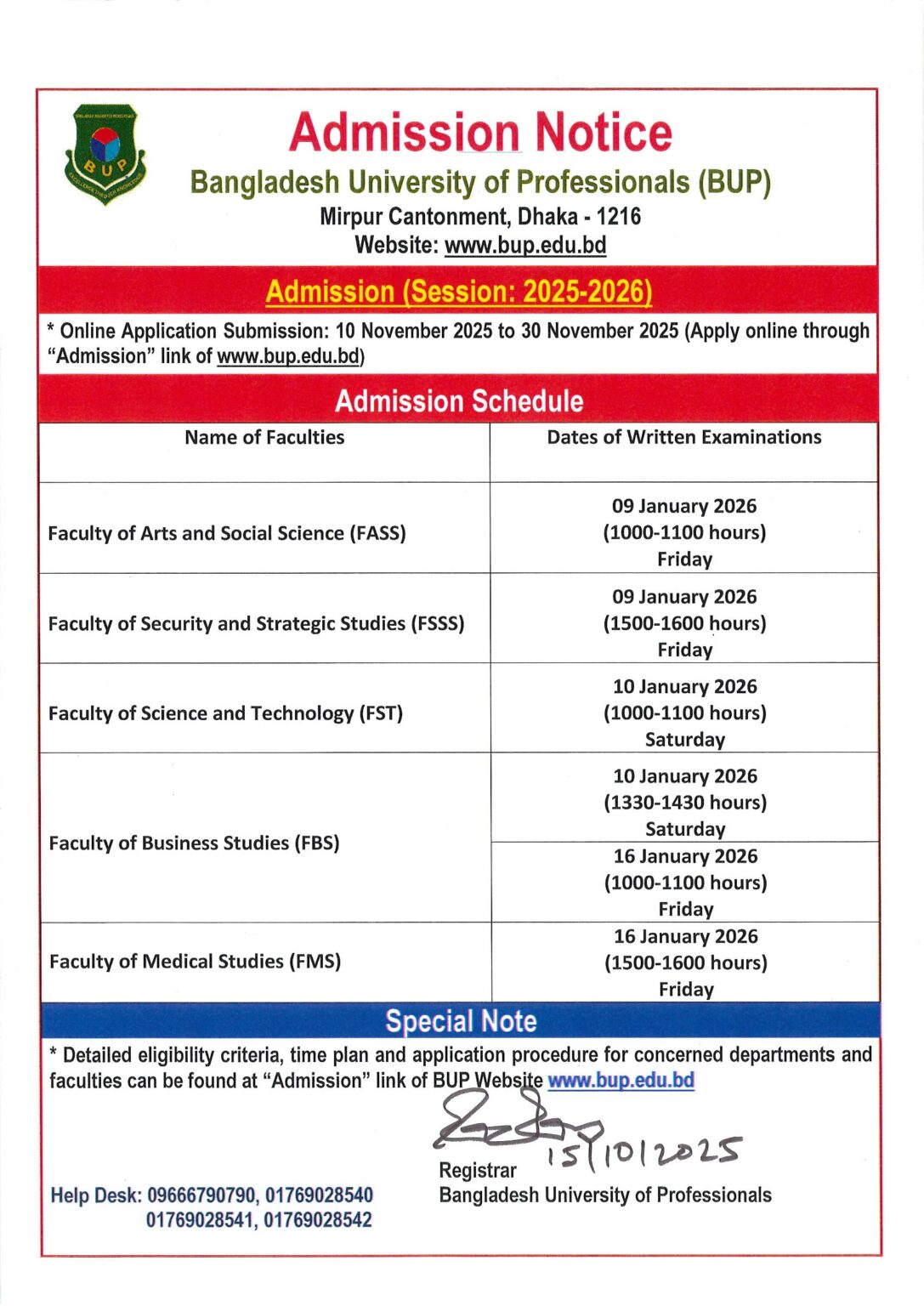 BUP Admission Circular 2026 for FASS, FST, FSSS, FBS & FMS