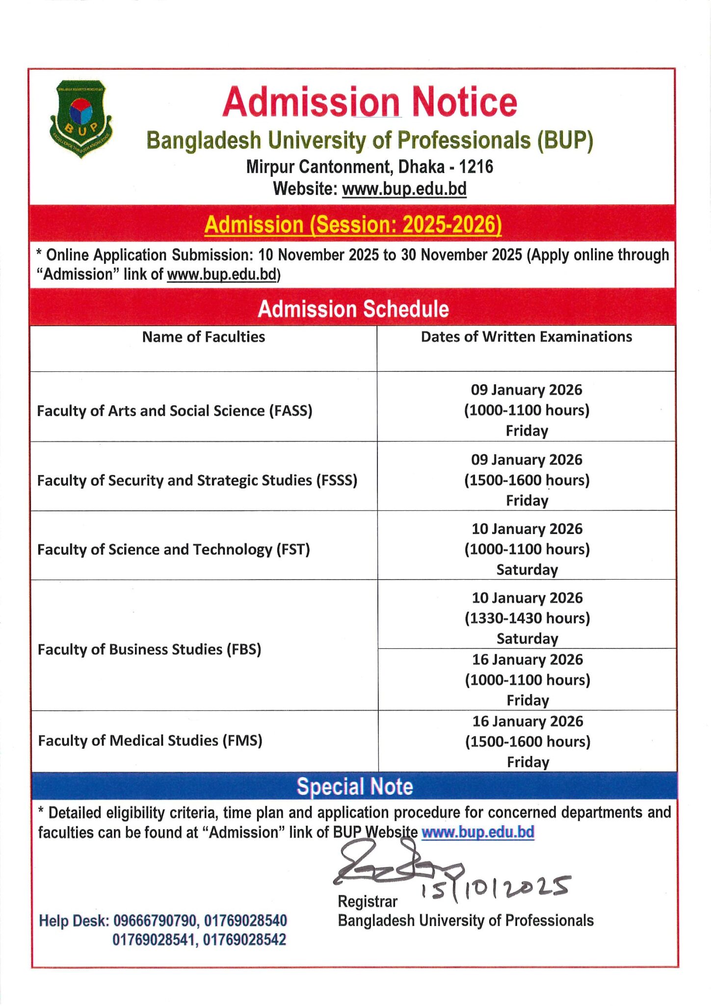 BUP Admission Circular 2026 for FASS, FST, FSSS, FBS & FMS