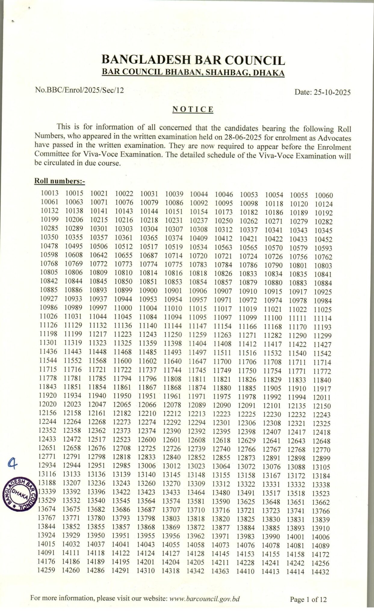 Bar Council Written Exam Result 2025 PDF - (এখানে দেখুন)