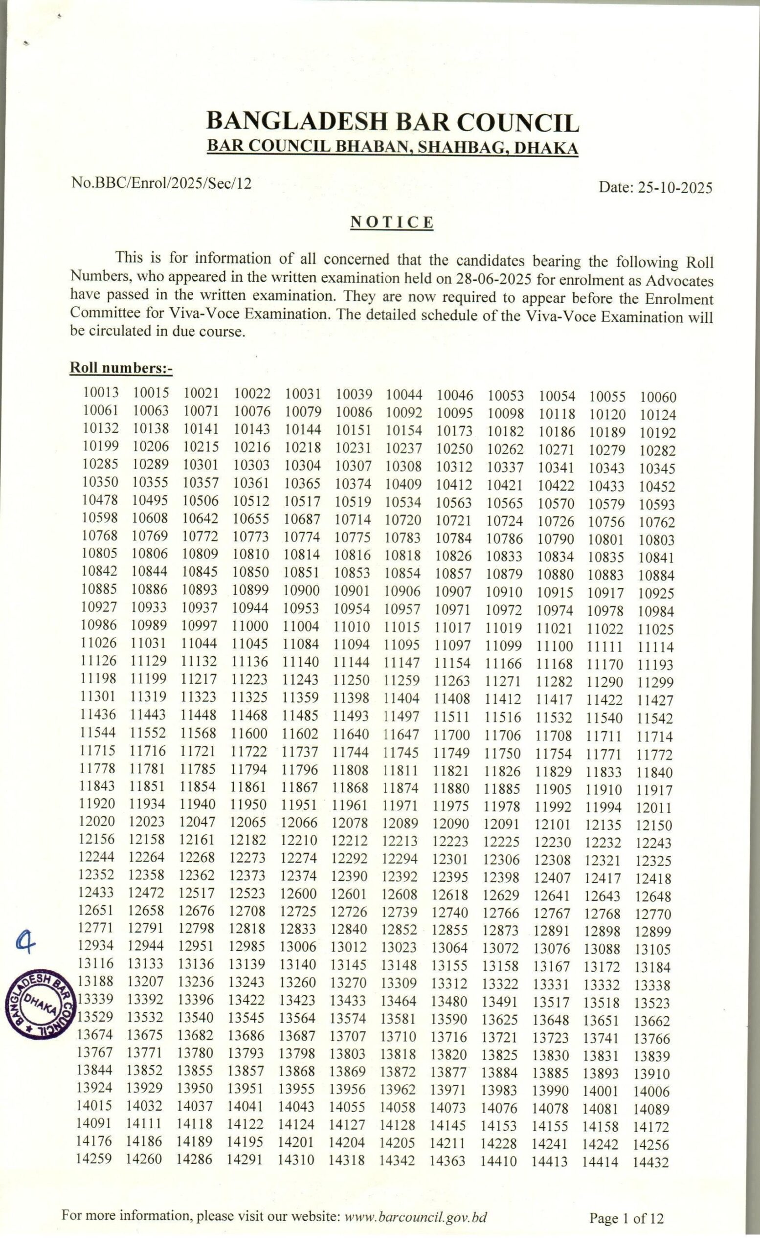 Bar Council Written Exam Result 2025 PDF - (এখানে দেখুন)