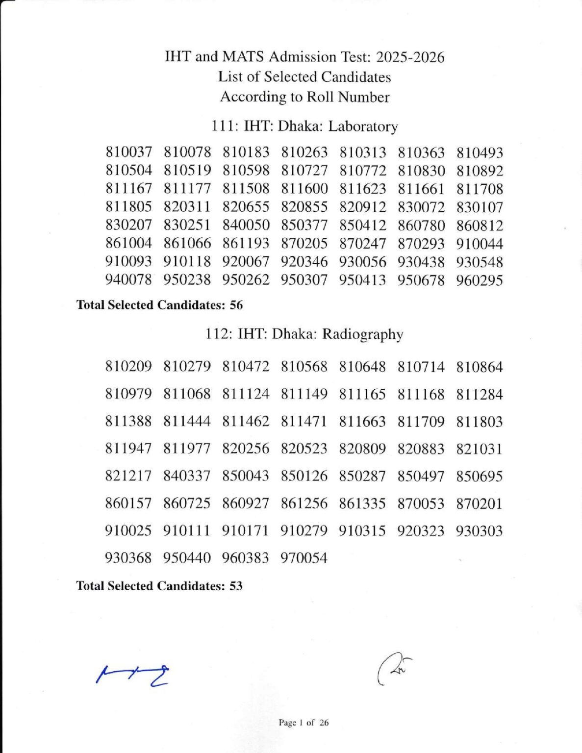 IHT MATS Admission Test Result 2025-2026 (dgme gov bd)