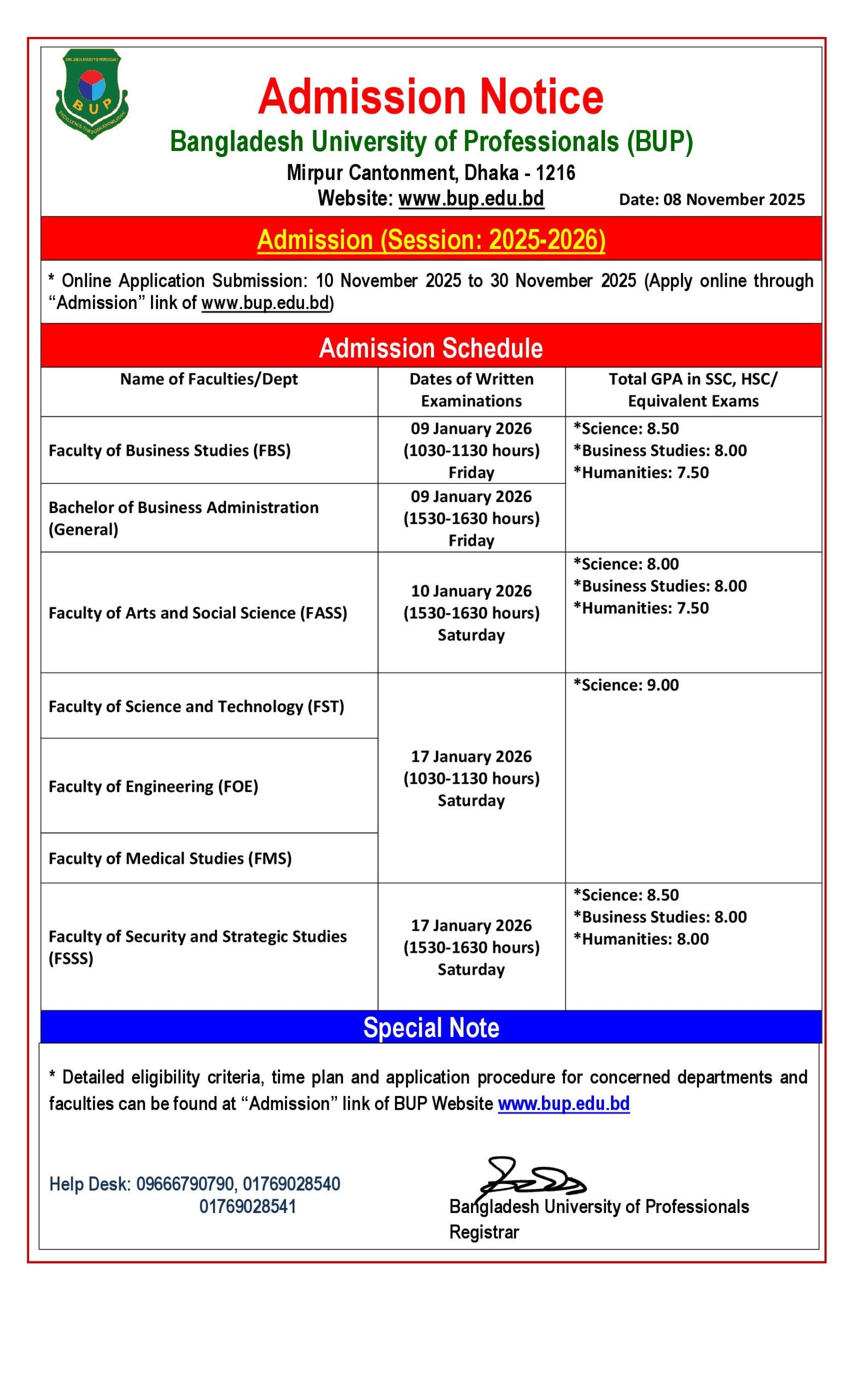 BUP Admission Test Circular 2026 | বিইউপি ভর্তি আবেদন প্রক্রিয়া